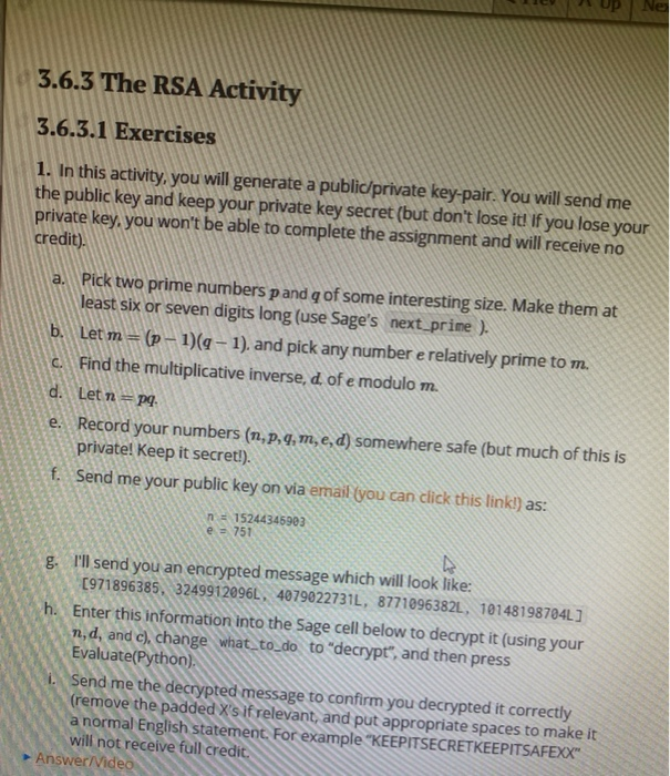 Ne 3.6.3 The RSA Activity 3.6.3.1 Exercises 1. In | Chegg.com