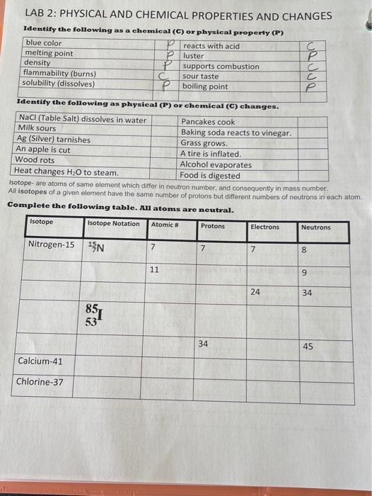Solved LAB 2: PHYSICAL AND CHEMICAL PROPERTIES AND CHANGES | Chegg.com