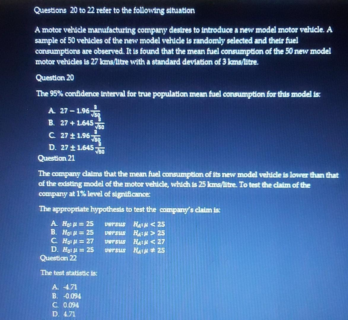 Solved Questions 20 to 22 refer to the following situation A | Chegg.com