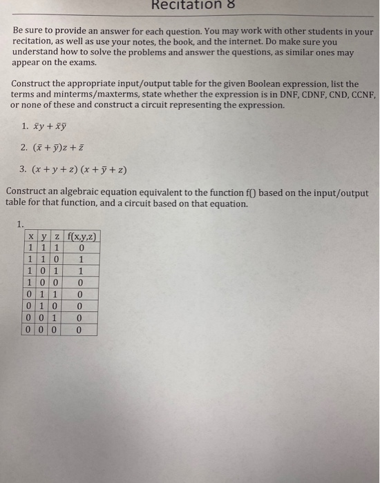 Solved Recitation 8 Be sure to provide an answer for each | Chegg.com