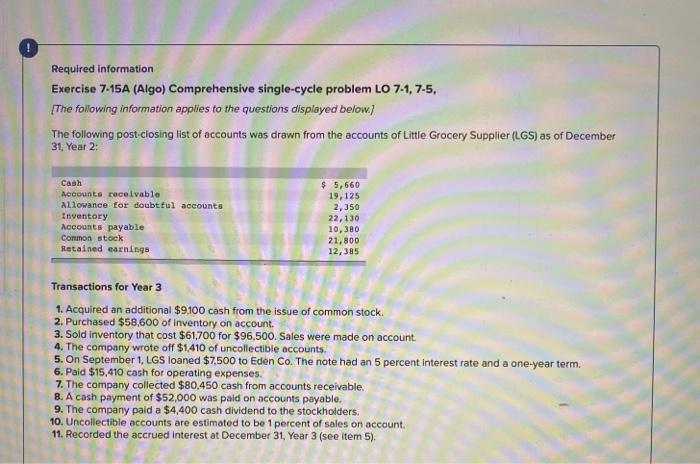 Solved Required information Exercise 7-15A (Algo) | Chegg.com