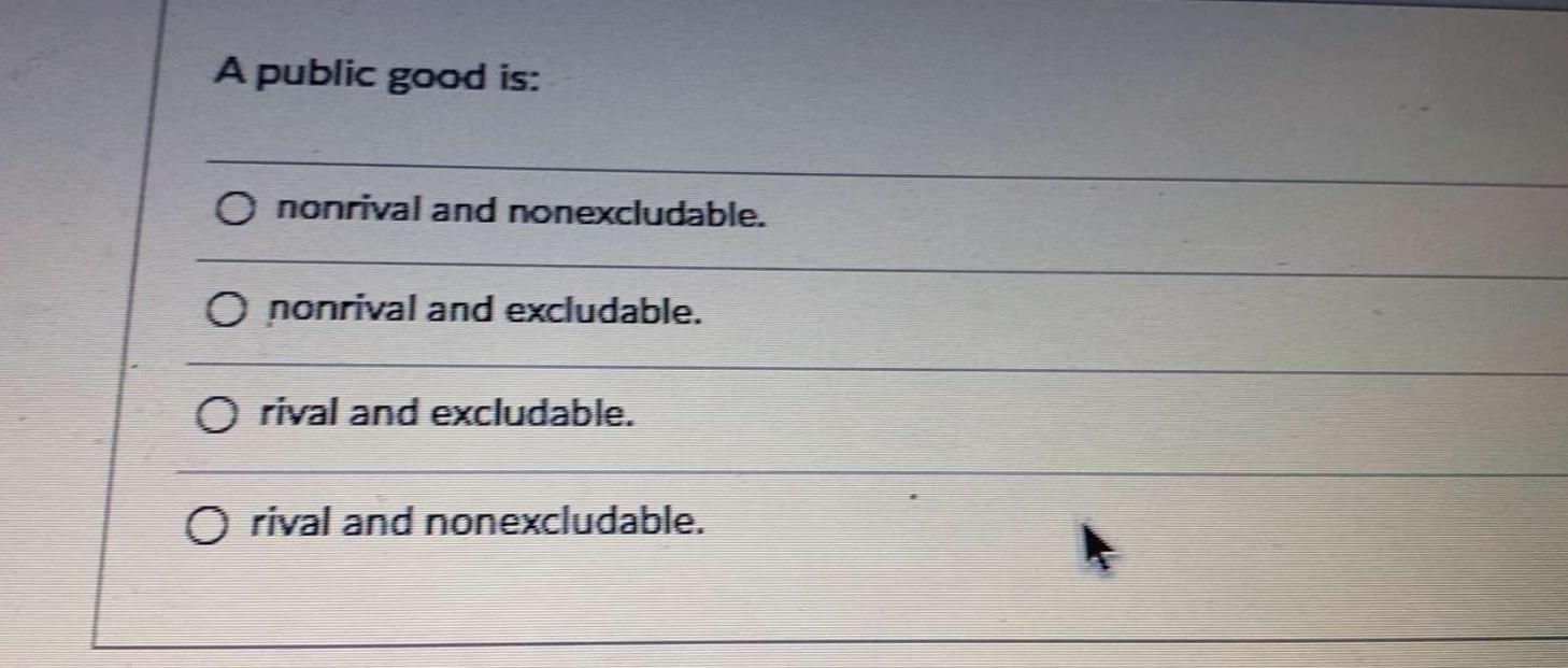 Solved A public good is:nonrival and nonexcludable.nonrival | Chegg.com