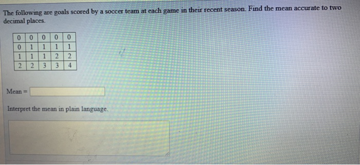 Solved The following are goals scored by a soccer team at | Chegg.com
