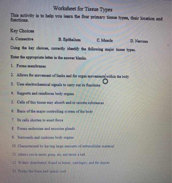 Solved Workshoot for Tissue Types This activity is to help | Chegg.com