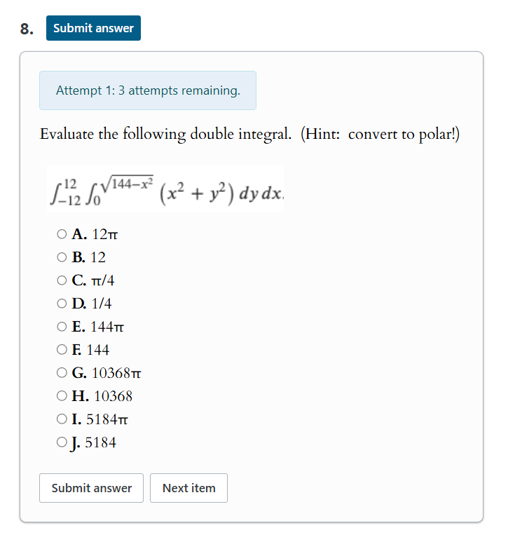 Solved Attempt 1: 3 ﻿attempts remaining.Evaluate the | Chegg.com
