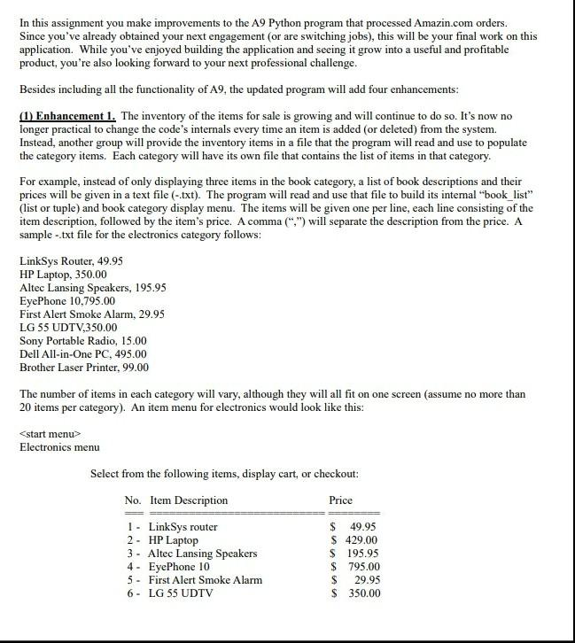 In this assignment you make improvements to the A9 | Chegg.com