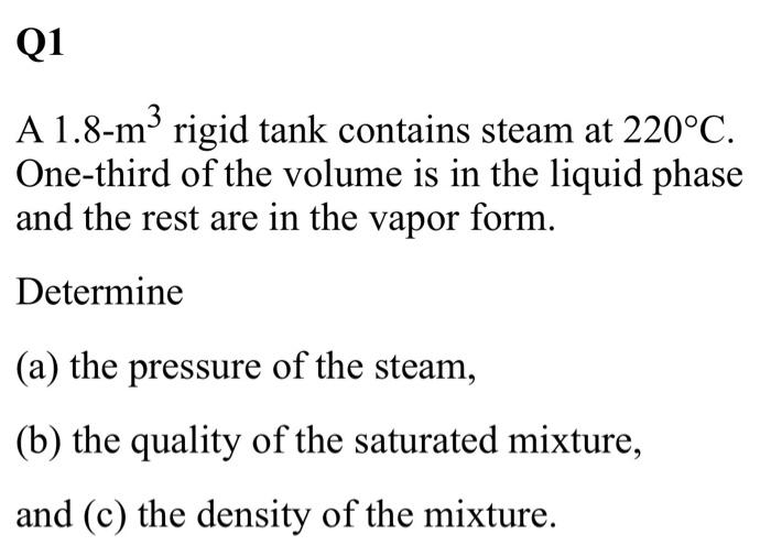 Solved Q1 A 1.8-m3 rigid tank contains steam at 220°C. | Chegg.com