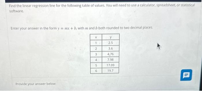Solved Find the linear regression line for the following | Chegg.com
