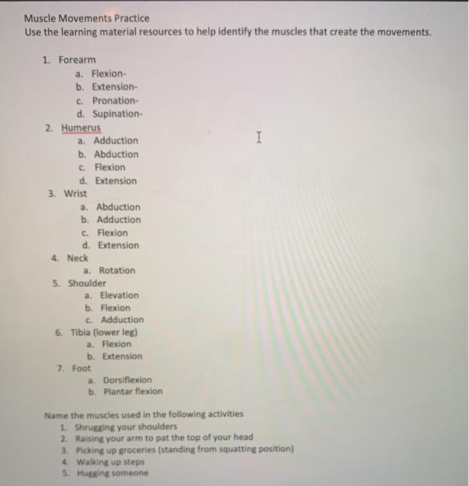 Solved Muscle Movements Practice Use the learning material | Chegg.com