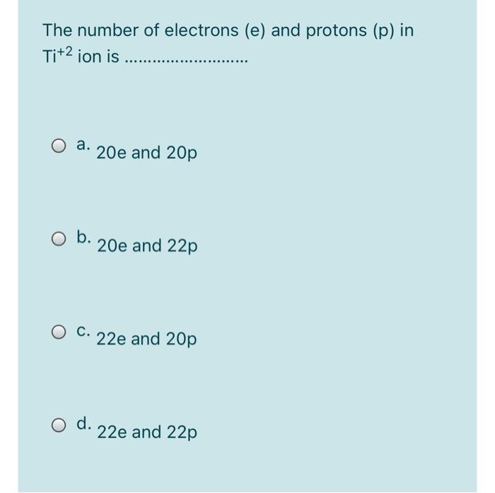 Solved The number of electrons (e) and protons (p) in Ti+2 | Chegg.com