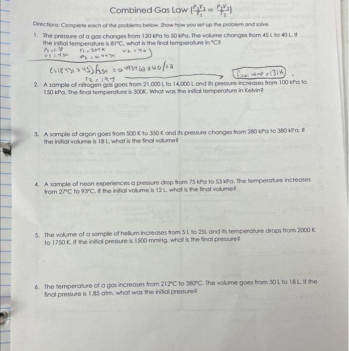 Solved Combined Gas LaW (P1V1T1=T2P2V2) Directions: Complete | Chegg.com