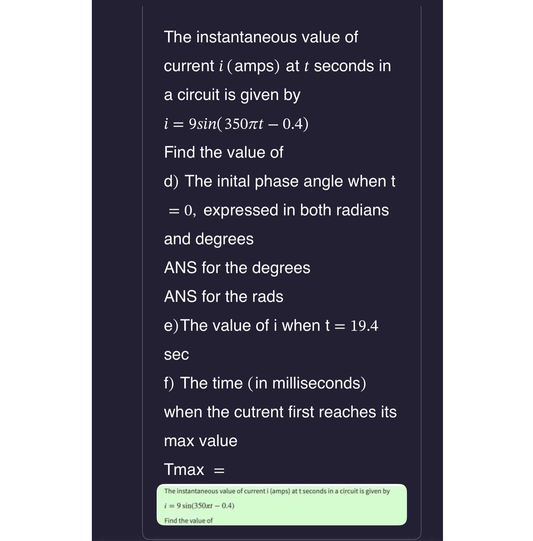 Solved The instantaneous value of current i (amps) ﻿at t | Chegg.com