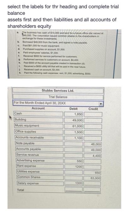 Solved select the labels for thr heading and complete trial | Chegg.com