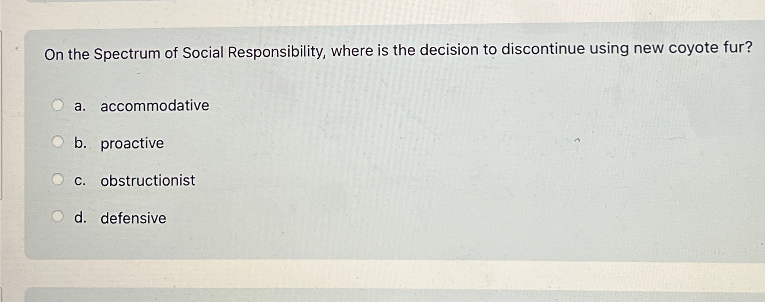 Solved On the Spectrum of Social Responsibility, where is | Chegg.com