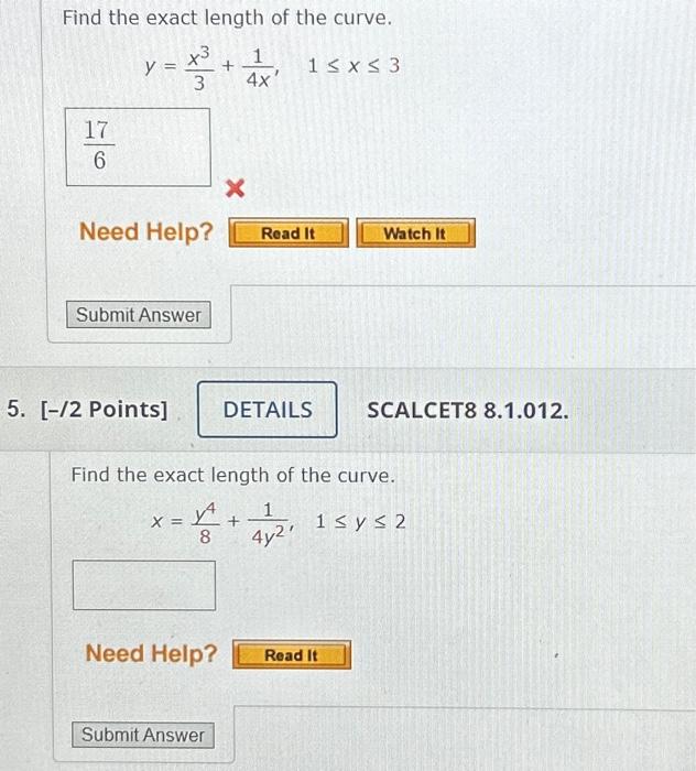 Solved Find the exact length of the curve. x3 1 + 3 17 6 y = | Chegg.com
