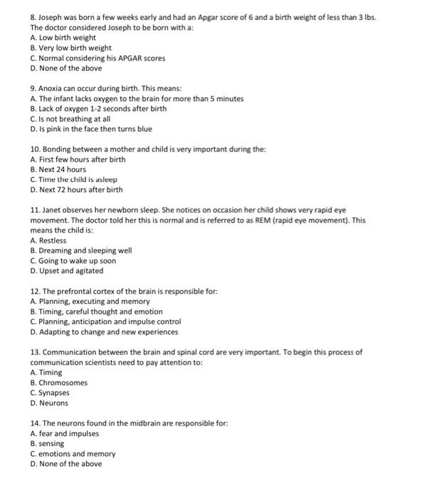 Solved 8. Joseph was born a few weeks early and had an Apgar | Chegg.com