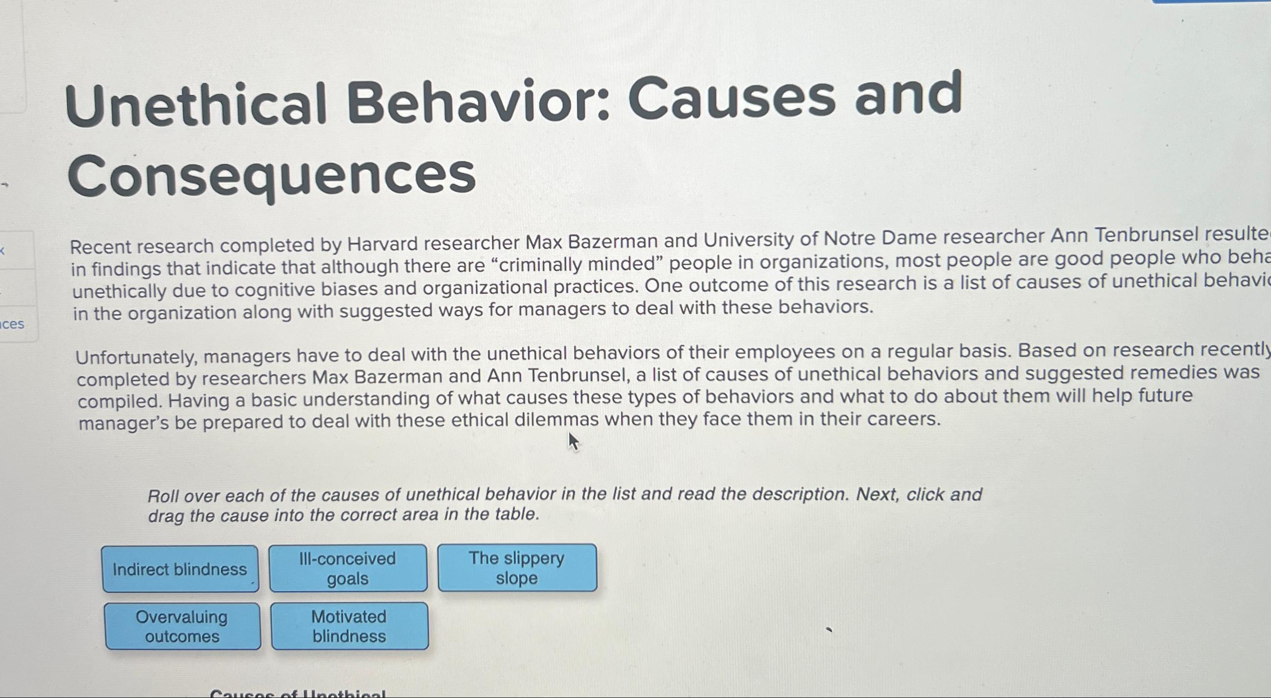 Solved Unethical Behavior: Causes andConsequencesRecent | Chegg.com