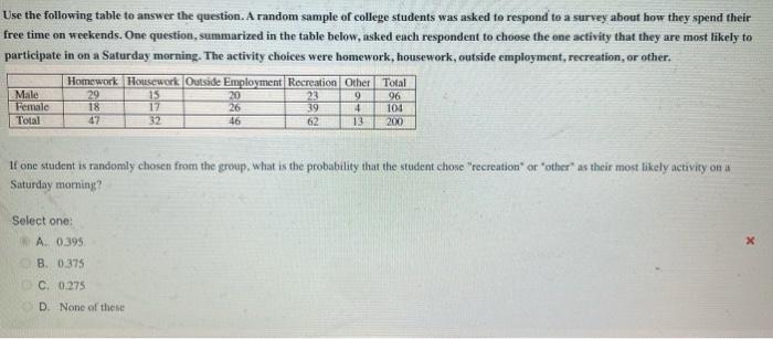 Solved Use the following table to answer the question. A | Chegg.com