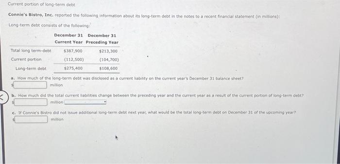 Solved Current portion of long-term debt Connie's Bistro, | Chegg.com