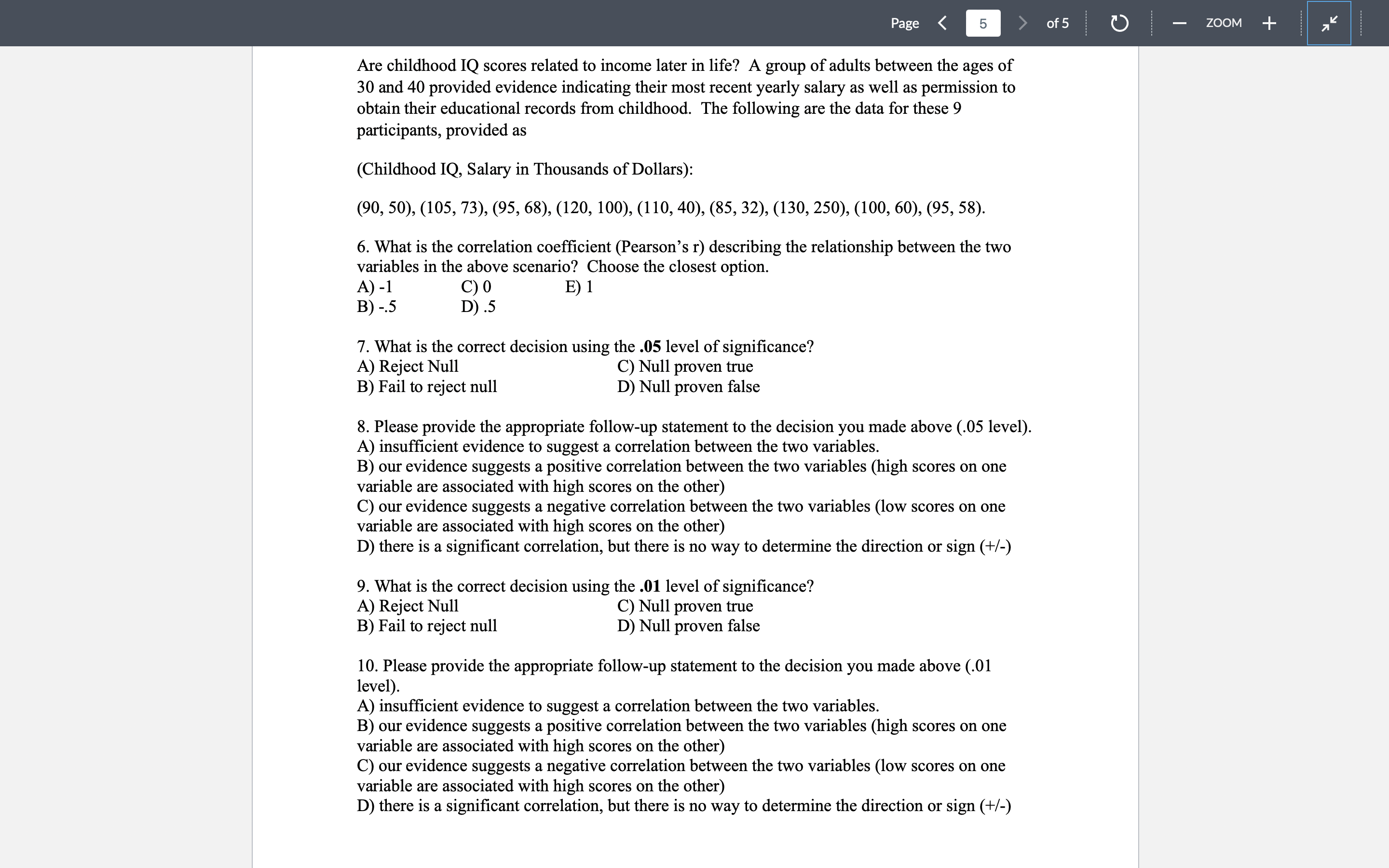 Solved Are childhood IQ scores related to income later in | Chegg.com