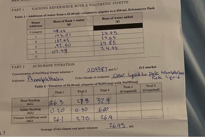 Solved PART 1 GAINING EXPERIENCE WITH A VOLUMETIC PIPET | Chegg.com