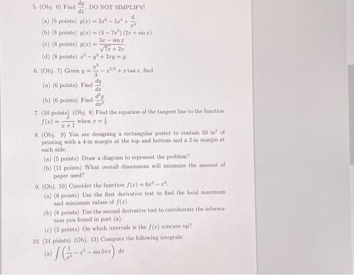 Solved dy dx 5. (Obj. 6) Find DO NOT SIMPLIFY! 6 (a) (6 | Chegg.com