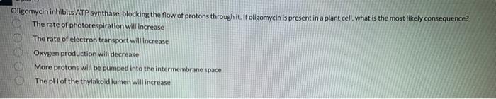 Solved Oligomycin inhibits ATP synthase, blocking the flow | Chegg.com