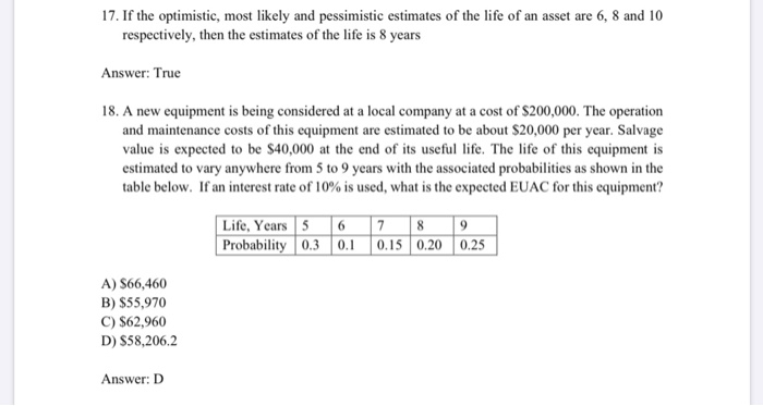 Solved 17. If the optimistic, most likely and pessimistic | Chegg.com
