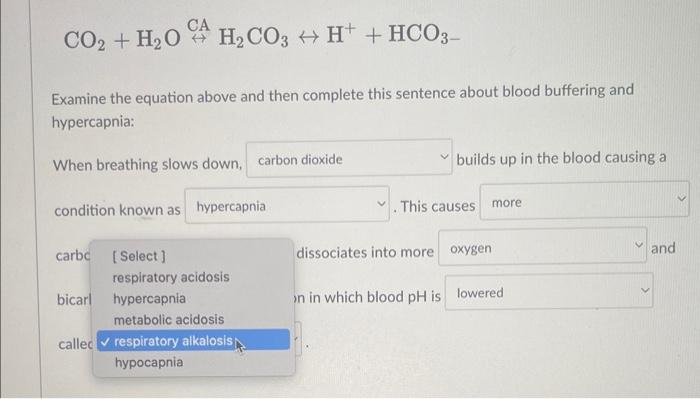 Solved CO2+H2O↔CAH2CO3↔H++HCO3− Examine the equation above | Chegg.com