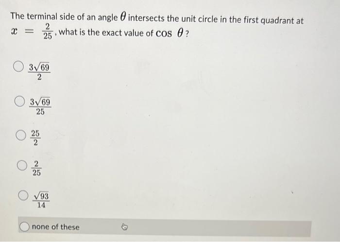 Solved The terminal side of an angle θ intersects the unit | Chegg.com