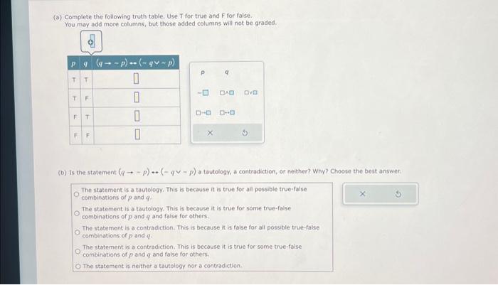 Solved (a) Complete the following truth table. Use T for | Chegg.com