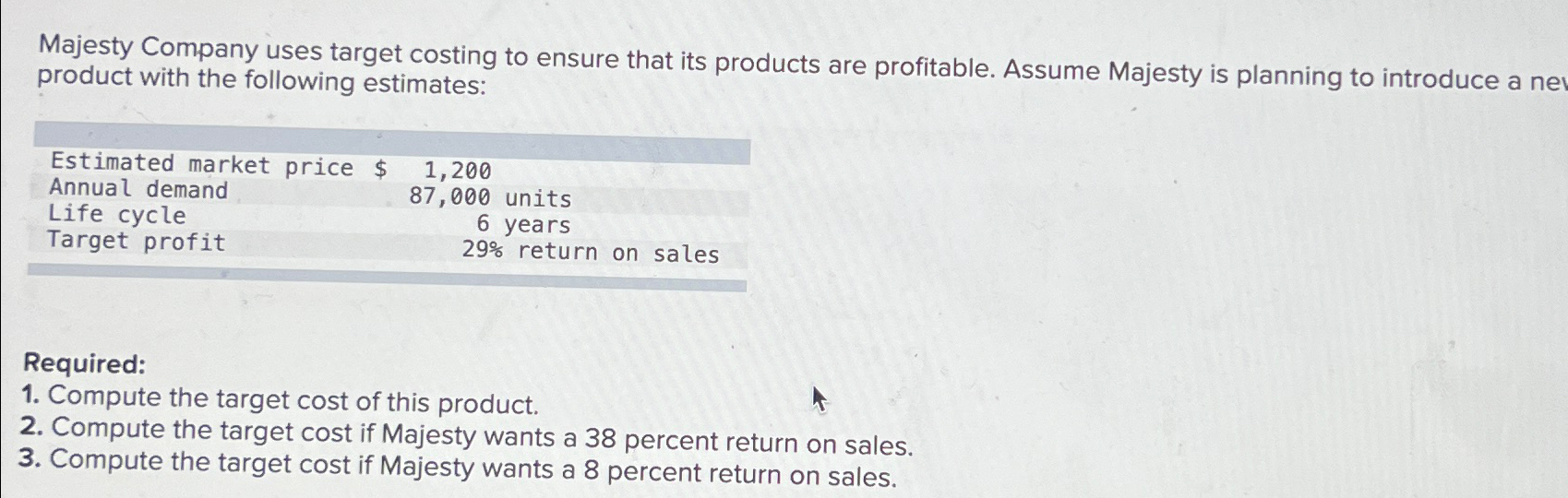 Solved Majesty Company uses target costing to ensure that | Chegg.com