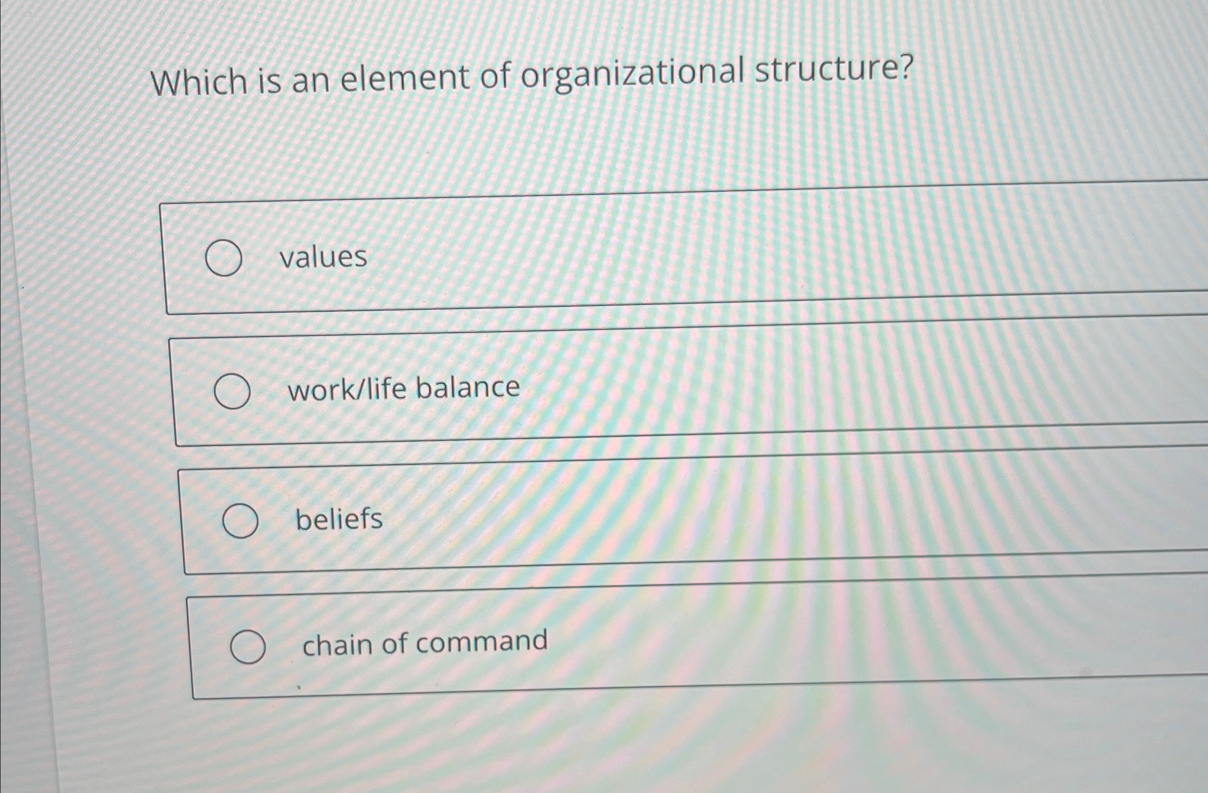 Solved Which is an element of organizational structure? | Chegg.com