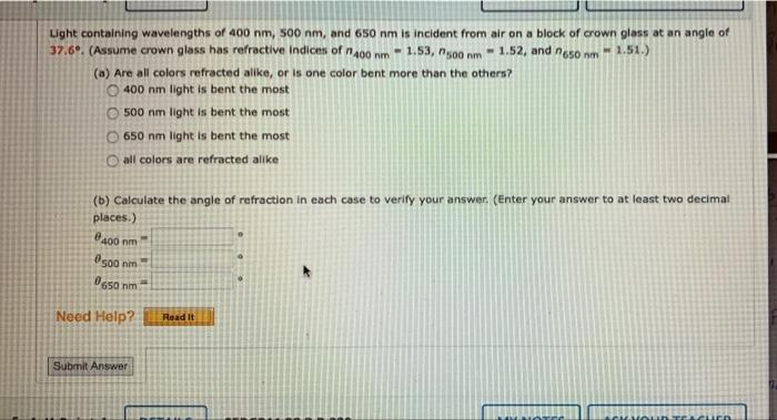 Solved Light containing wavelengths of 400 nm, 500 nm, and | Chegg.com