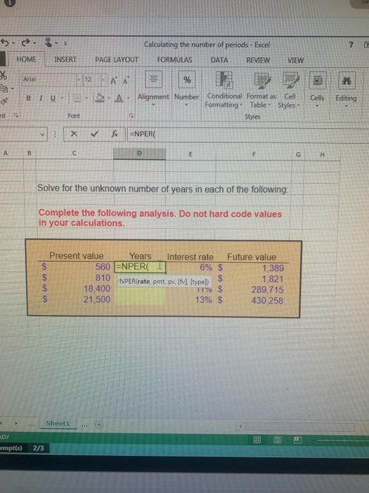 Solved 5 ? E Calculating the number of periods - Excel | Chegg.com