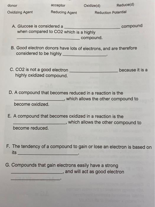 Solved donor Oxidizing Agent acceptor Reducing Agent A. | Chegg.com