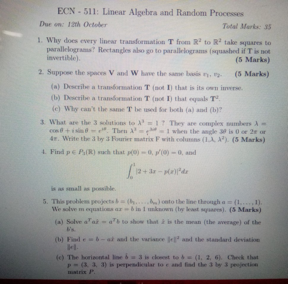 Solved ECN - 511: Linear Algebra and Random Processes Due | Chegg.com