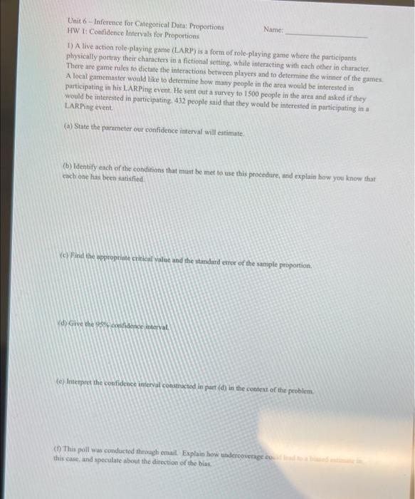 Solved Unit 6 - Inference for Categorical Data: Proportions | Chegg.com