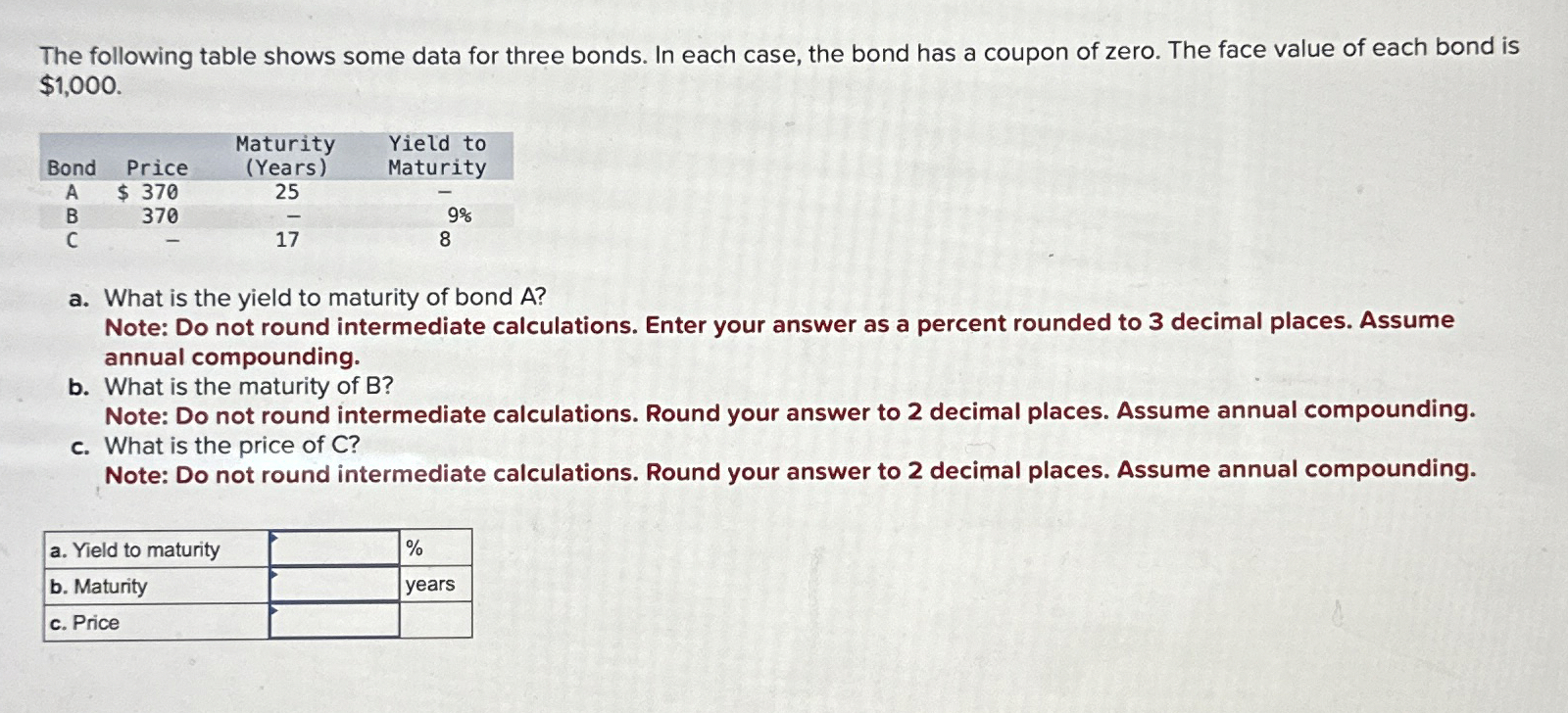 Solved The following table shows some data for three bonds. | Chegg.com