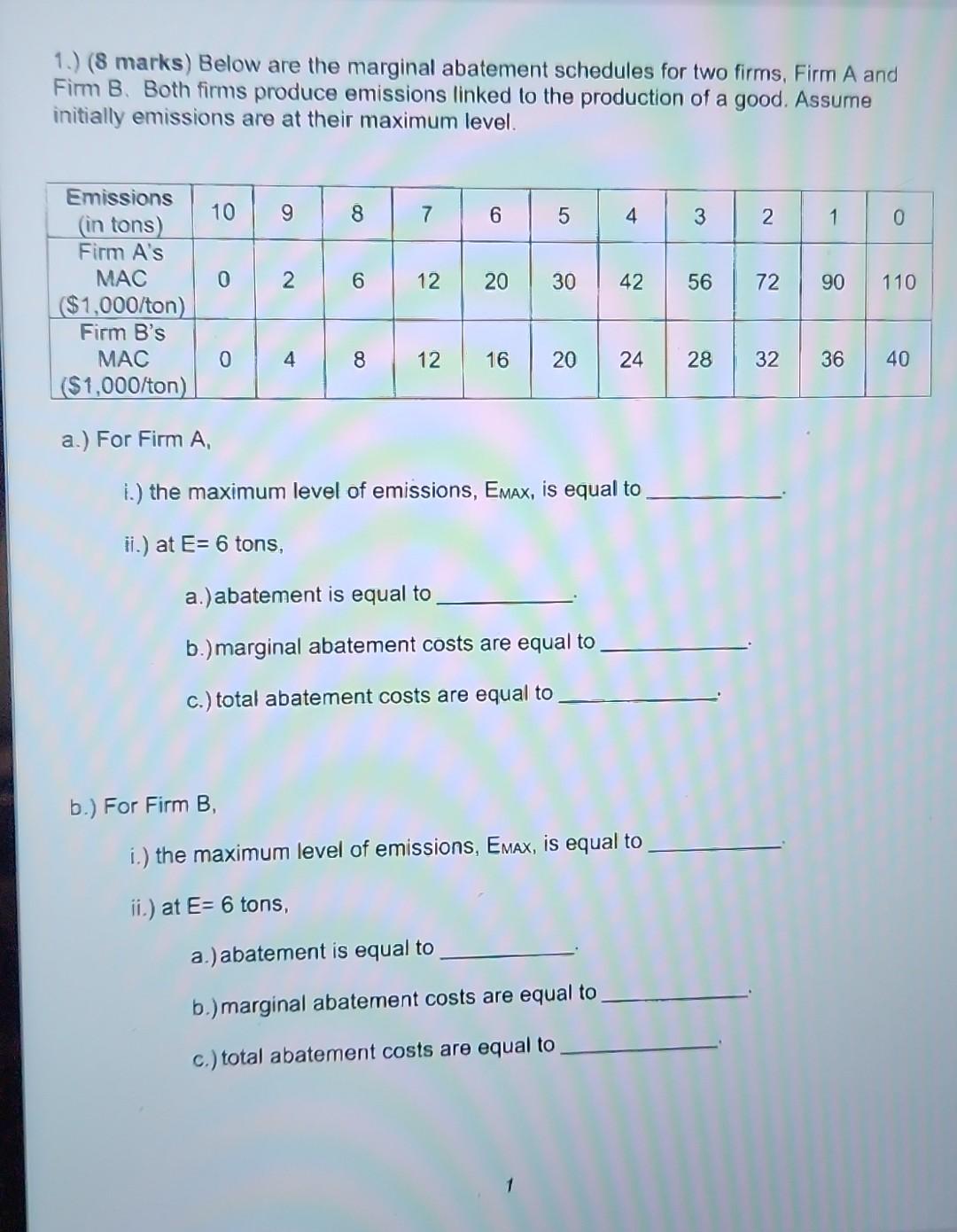 Solved 1.) (8 marks) Below are the marginal abatement | Chegg.com