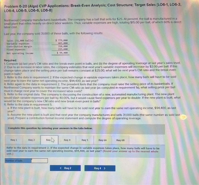 Solved Problem 6-20 (Algo) CVP Applications: Break-Even | Chegg.com