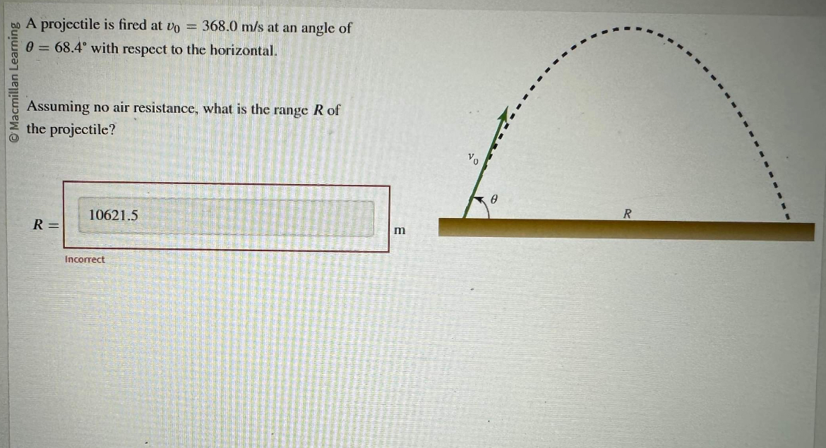 Solved A projectile is fired at v0=368.0ms ﻿at an angle of | Chegg.com