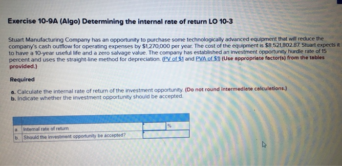 Solved Exercise 10-9A (Algo) Determining the internal rate | Chegg.com