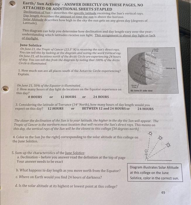 Solved Earth/ Sun Activity - ANSWER DIRECTLY ON THESE PAGES, | Chegg.com