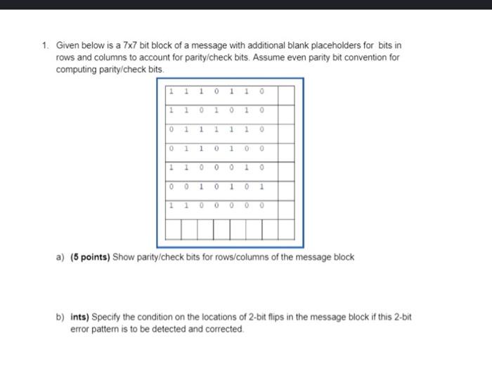 Solved Given below is a 7x7 bit block of a message | Chegg.com