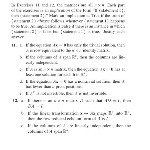 Solved In Exercises 11 and 12, the matrices are all n×n. | Chegg.com
