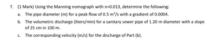 Solved 7. (1 Mark) Using the Manning nomograph with n=0.013, | Chegg.com