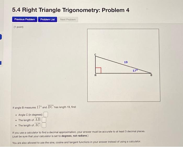 Solved 5.4 Right Triangle Trigonometry: Problem 3 Previous | Chegg.com