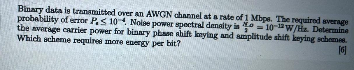 Solved No Binary data is transmitted over an AWGN channel at | Chegg.com