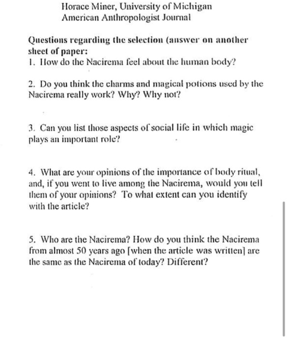 BODY RITUAL AMONG THE NACIREMA Horace Miner The | Chegg.com